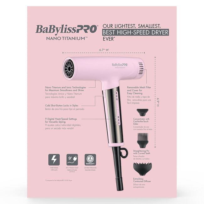 BaBylissPRO - Pink Nano Titanium Light Ionic Dryer – Beauty Ship To You